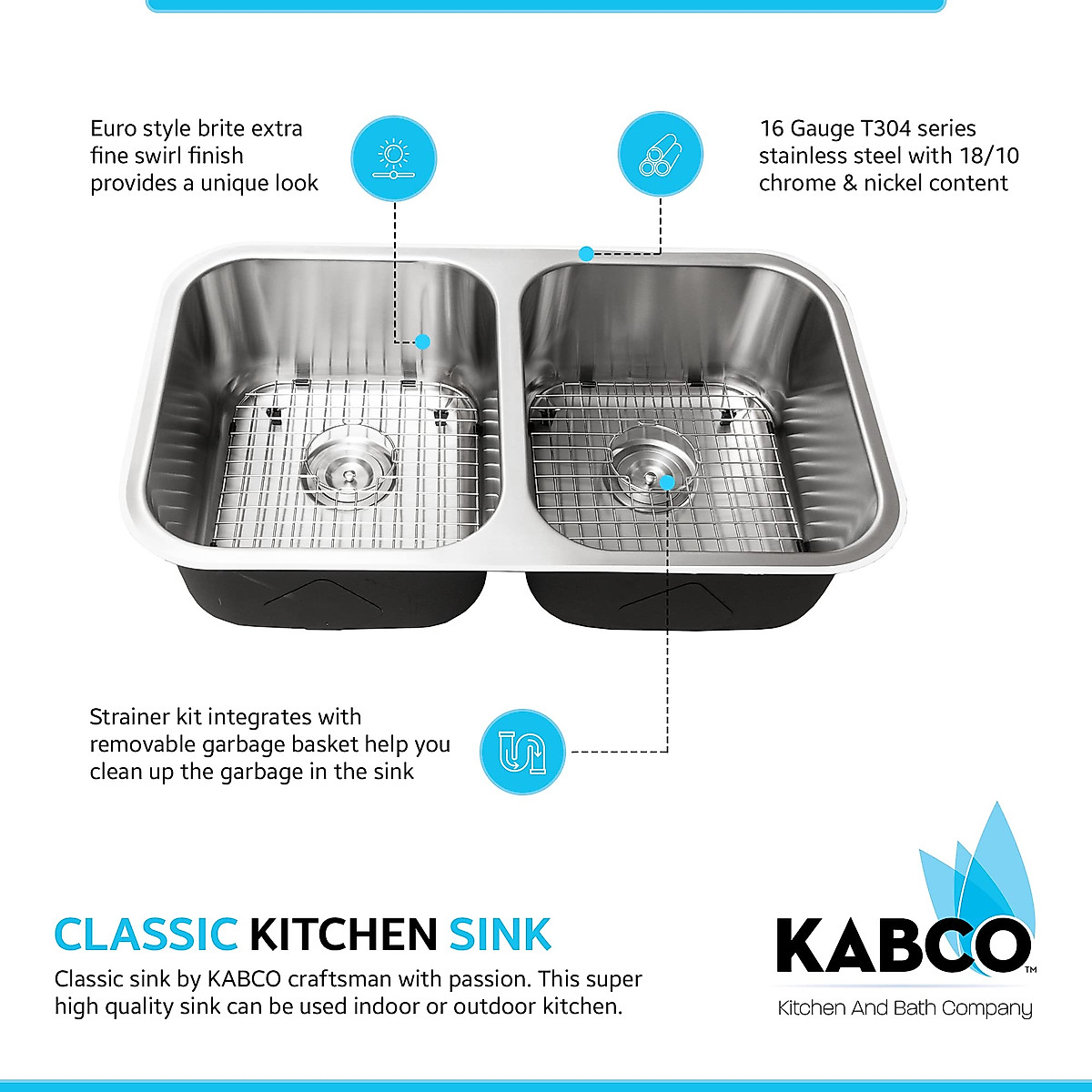 KABCO 32 Inch Swirl Finish Stainless Steel Classic Kitchen Sink, Sound and Heat Proof Double Equal Bowl Undermount Sink with Kitchen Sink Strainers, Removable Garbage Baskets and Sink Grids