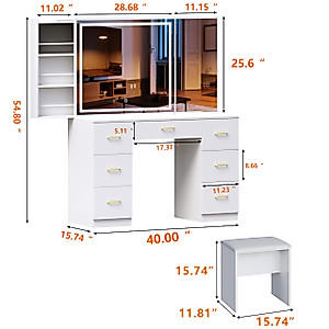 GLAUBIO Vanity Desk Set with Large LED Lighted Mirror, Brightness Adjustable,Vanity Table with Drawer,Sliding 1 Storage Wall-Mounted Jewelry,2 Shelves for Bedroom,Lots Storage Shelves, White