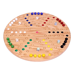 AmishToyBox.com Wahoo Marble Game Board Set - Round 18" Wide Marbles Game - Solid Oak Wood - Double-Sided - with Large 18mm Marbles and Dice Included