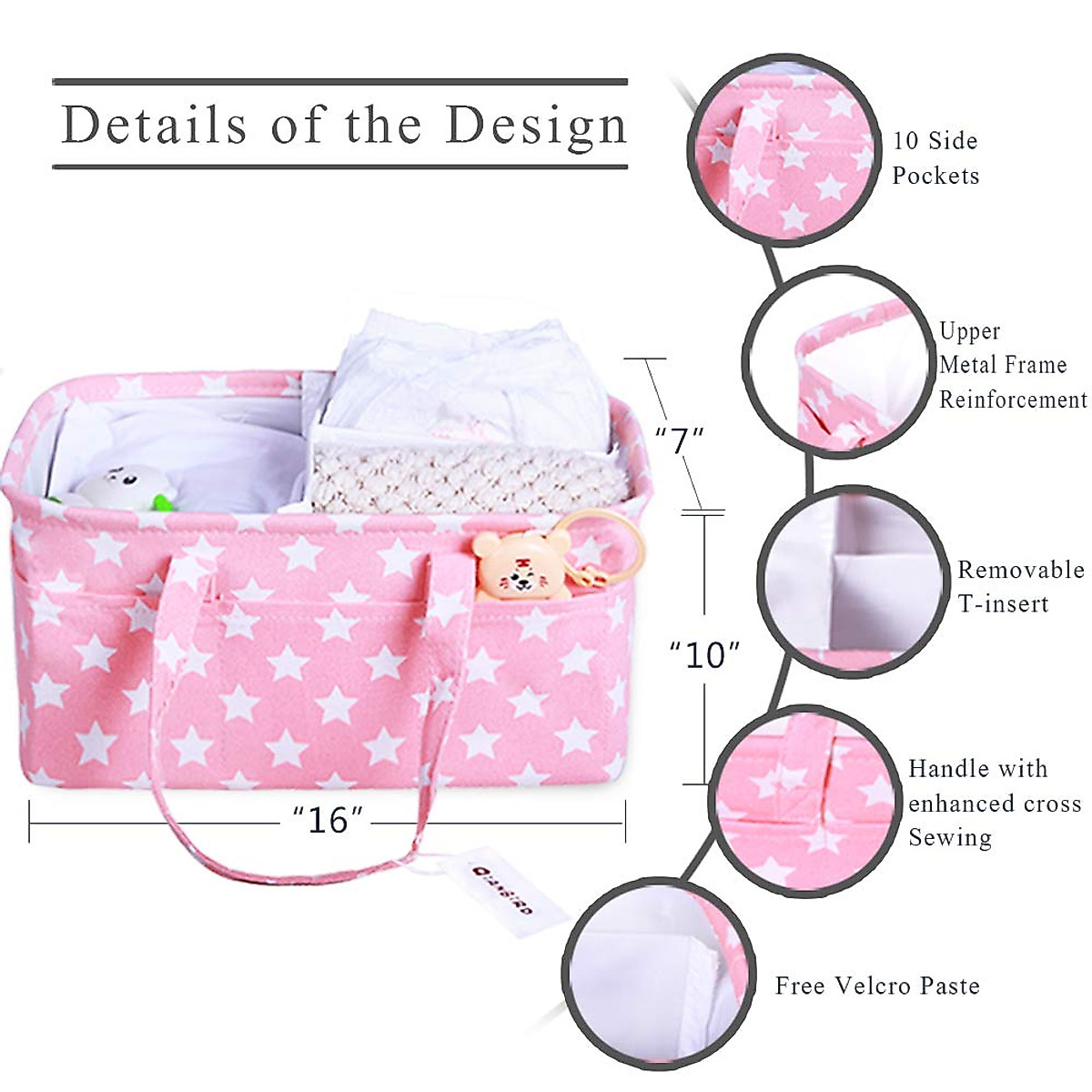 Baby Diaper Caddy Organizer- Stylish Nursery Caddy Organizer Large Portable Diaper Storage Basket for Changing Table & Car- Baby Shower Gifts Basket for Girl- Newborn Essentials Must Haves- Pink Stars