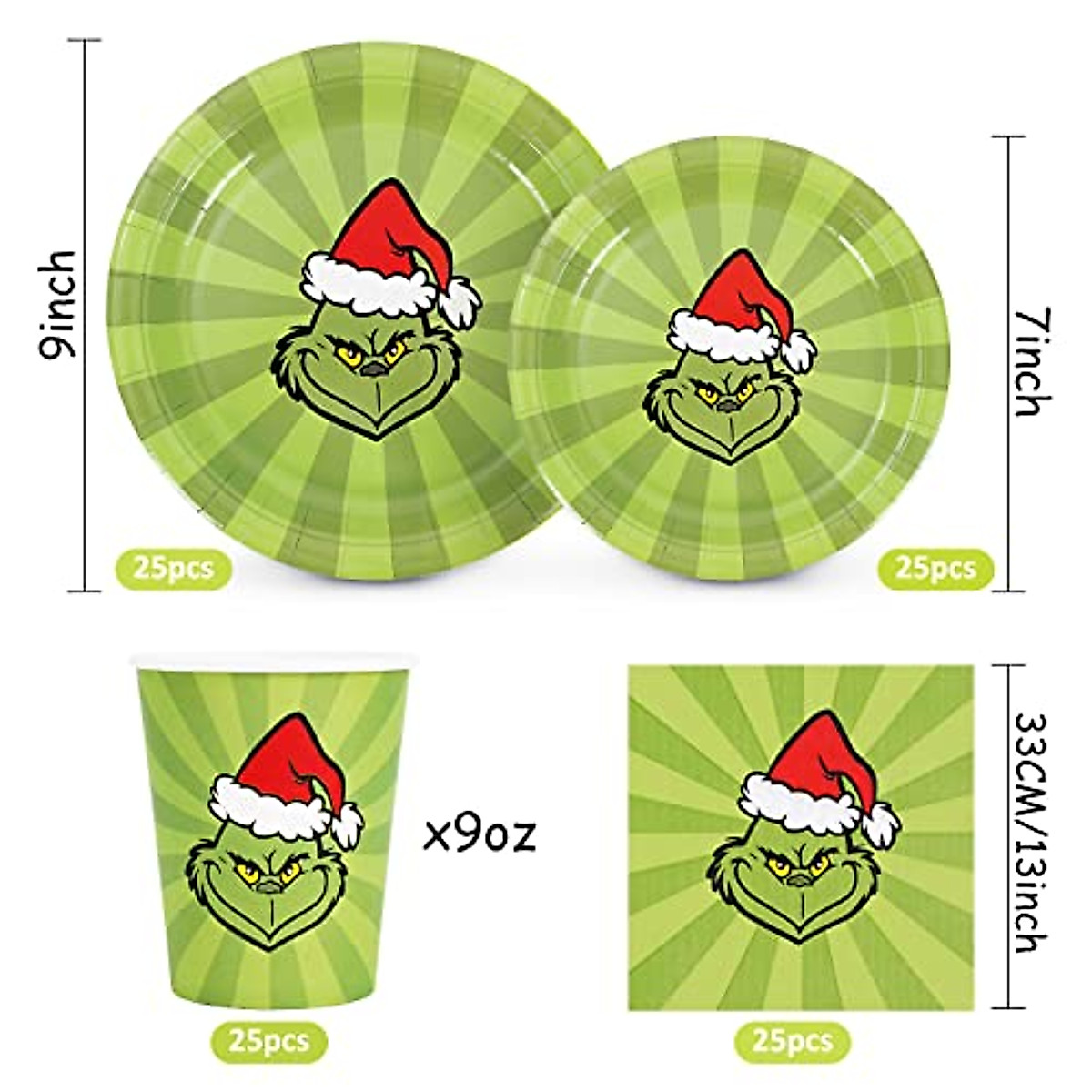 Whaline 100Pcs Christmas Tableware Set Green Christmas Character Disposable Dinnerware Set 50Pcs Paper Plates 25Pcs Napkin 25Pcs Cups for Xmas Theme Party Supplies Table Decorations