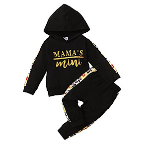 SOBOWO Toddler Baby Girl Clothes Mama's Mini Floral Hoodie Top Floral Long Pants 2Pcs Fall Winter Outfits (Mama's Mini Black, 18-24 Months)