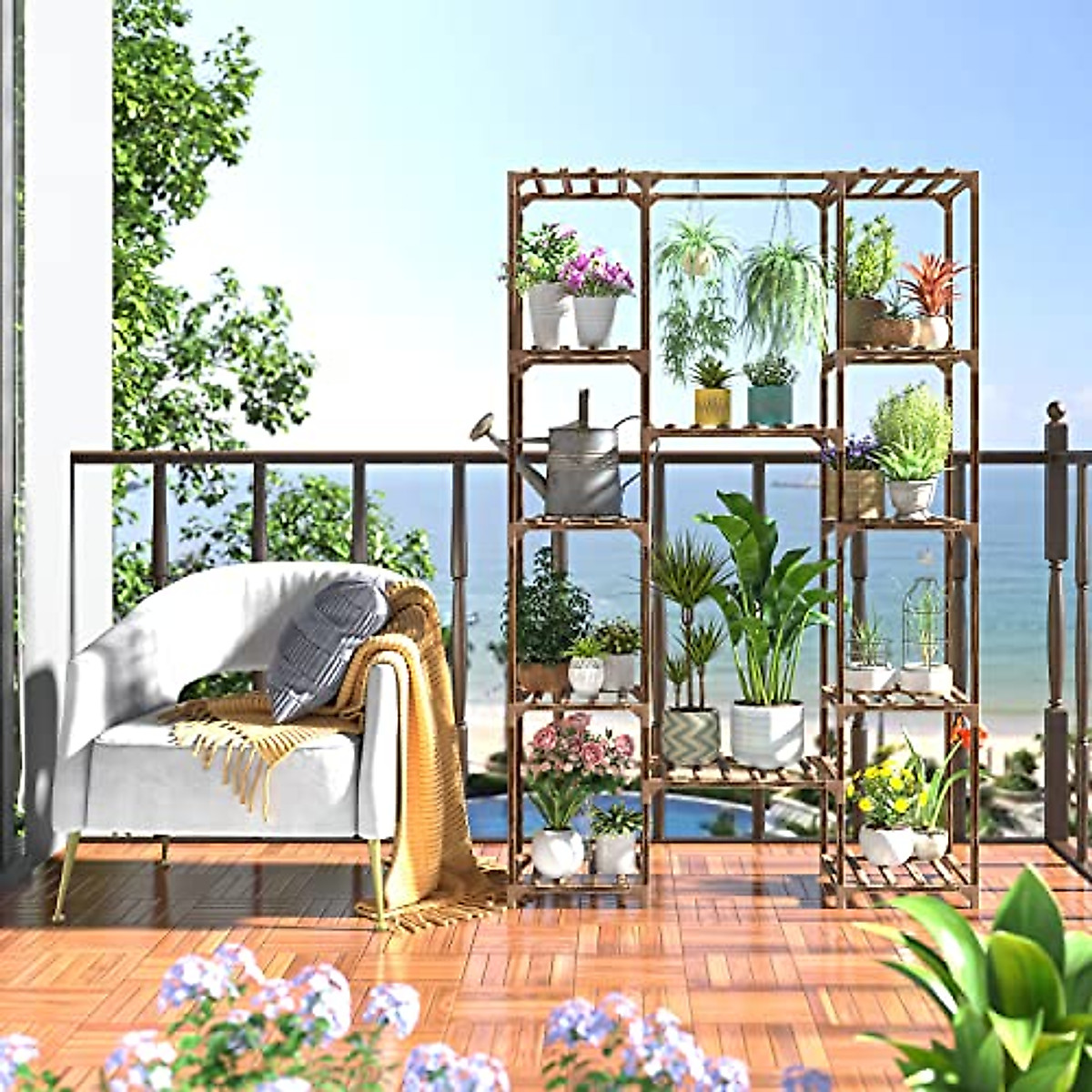 cfmour Wood Plant Stand Indoor Outdoor, 62.2" Tall Flower Shelf Tiered Plant Stands for Multiple Plants Large Planter Holder Hanging Shelves Rack for Living Room Garden Balcony