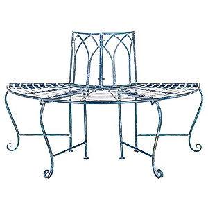 Safavieh PAT5018C Outdoor Collection Abia Antique Wrought Iron 50-inch Tree Bench, Mossy Blue