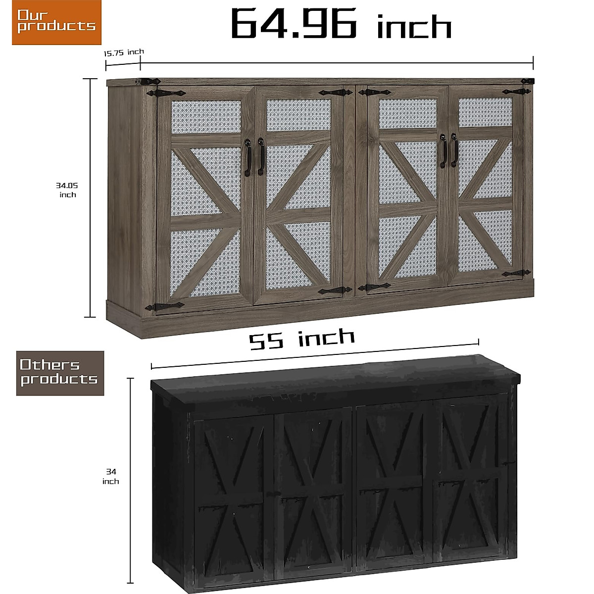HXCQYGL 65-Inch Slate Gray Faux Rattan Sideboard with Barn Doors Rustic Sideboard, 4-Door Storage for Living Room, Entryway, Bedroom, Dining Room (Stone Gray)