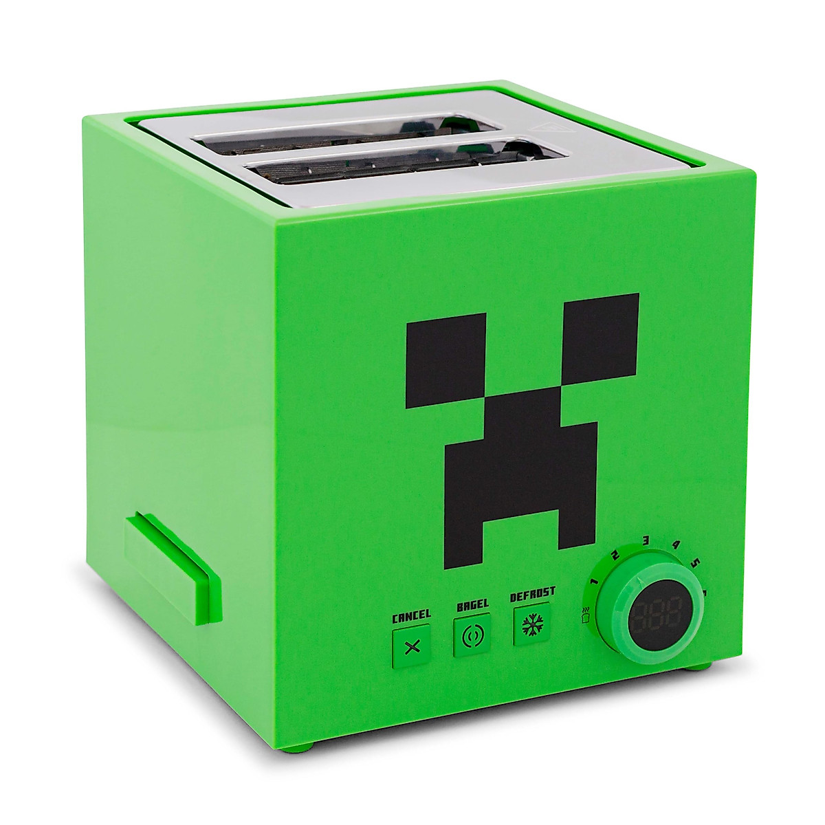 Minecraft Green Creeper 2-Slice Toaster For Bagels, Waffles, and Breads | Features 6 Settings With Defrost Option | Imprints Creeper Symbol On Bread