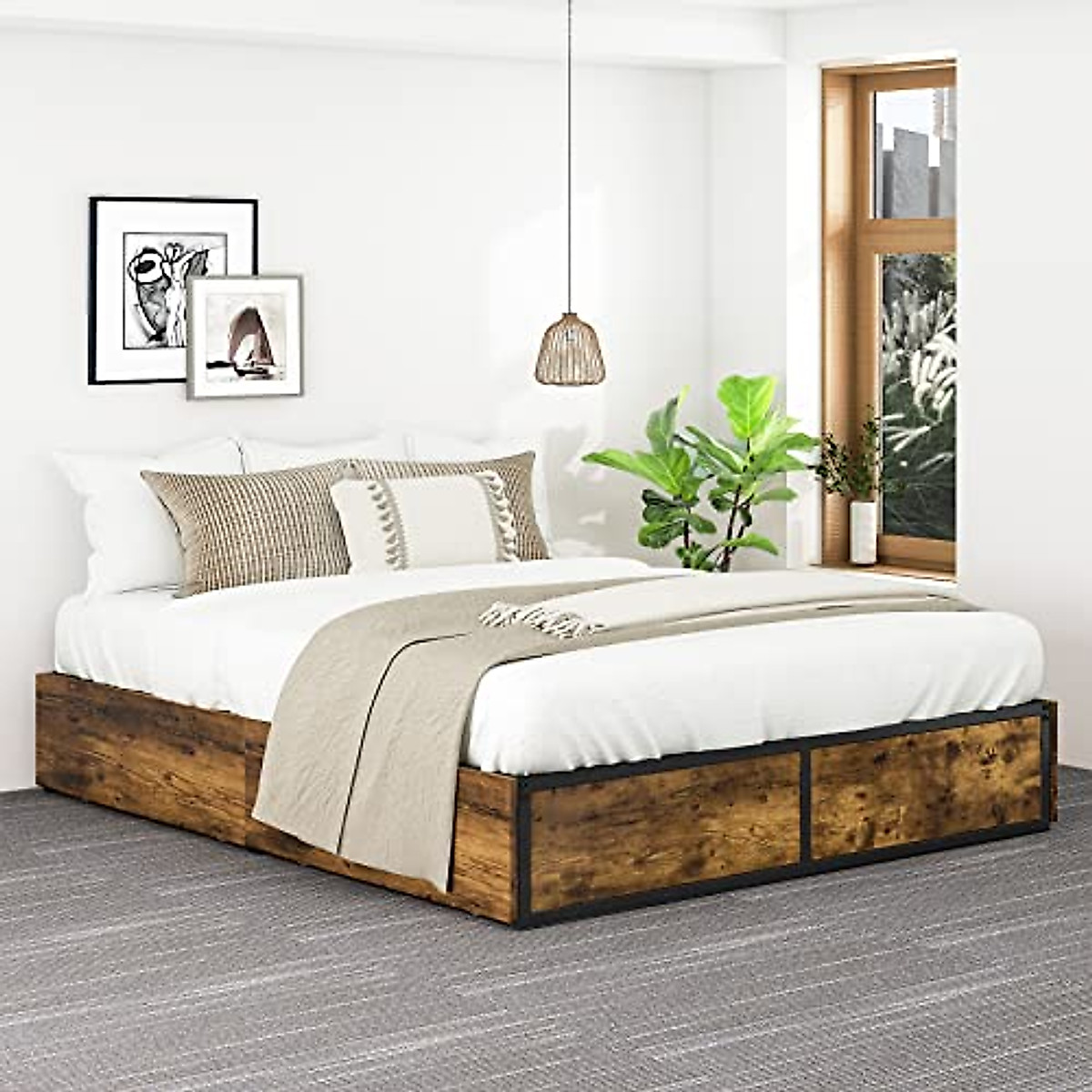 IMUsee Queen Size Bed Frame with 4 Large Storage Drawers, Heavy Duty Metal Platform Queen Bed Frame with 13 Strong Metal Slats Support, Wooden Board Decor, No Box Spring Needed, Noise Free