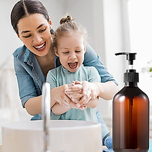 6 Pack Plastic Pump Bottles Dispenser, 16oz/500ml Empty Cylinder Shampoo Soap Dispenser, Refillable Containers with Extra Sprayer Pump Labels for Body Wash, Lotion, Gel(Amber)