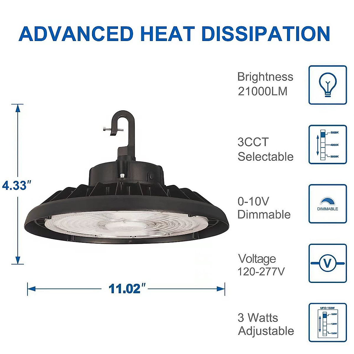Auroriv UFO LED High Bay Light 150W|21000lm|3000,4000,5000k|3CCT,AC100-277V/347V(0-10V dimming),3.8' Cable with US Plug for Commercial Warehouse, 5-Year Warranty