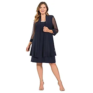 R&M Richards Short Mother of The Bride Plus Size Dress| Sheer Sleeves, Beaded Neckline Formal Dress | Perfect for Wedding Guests, Evening Party Or Any Other Special Occasion (20W, Navy)