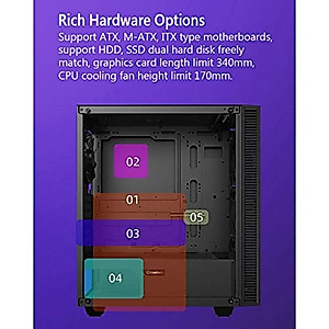 HDYD ATX Case,Mid-Tower PC Gaming Case ATX/M-ATX/ITX - Front I/O USB 3.0 Port - Tempered Glass Side Panel - 6 Fan Position - Support 200mm Fan Installation