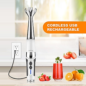Cordless Hand Blender: 4-in-1 USB Rechargeable Immersion Blender, 21 Variable Speeds & 3-Angle Adjustable with 700ml Chopper, 700ml Beaker, Egg Whisk and Beater for Smoothies, Soup, Baby Food (White)