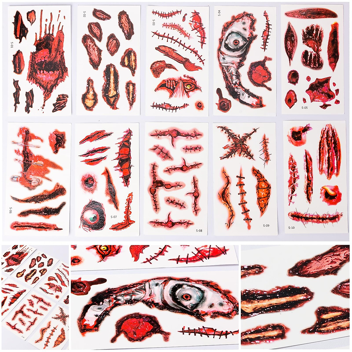 YOSENG Horror Realistic Fake Bloody Wound Stitch Scar Scab Waterproof Temporary Tattoo Sticker Halloween Masquerade Prank Makeup Props for face,body-10PC（YS-10)