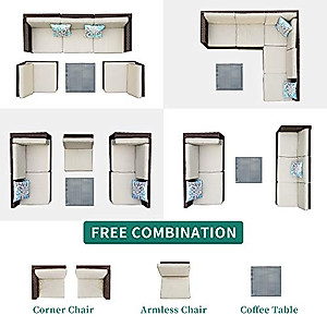 YITAHOME 6 Piece Outdoor Patio Furniture Sets, Garden Conversation Wicker Sofa Set, and Patio Sectional Furniture Sofa Set with Coffee Table and Cushion for Lawn, Backyard, and Poolside, Brown