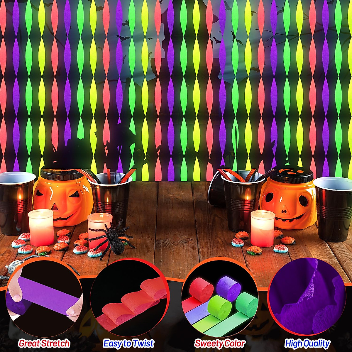 20 Rolls Blacklight Streamers, Neon Party Decorations 1640 Ft Glow in The Dark Party Crepe Paper, Halloween Glow Party Supplies for Various Large Hanging Party Backdrop DIY Decoration 82FT/Roll