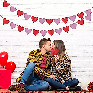 2 Pieces Heart Garland Banner for Valentines Day with Warm Led Lights Decorations Red Pink Heart Felt Banners Garland for Fireplace, Anniversary, Wedding, Engagement Party Home Decor (Style 3)