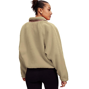 Womens Oversized Sweatshirt Sherpa Sweatshirts Fuzzy Fleece Pullover Fluffy Outerwear with Pockets Camel S