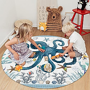 Ocean Octopus Round Area Rugs 5ft - Soft Area Rug for Kids Room, Blue Summer Beach Nautical Coastal Starfish Coral Machine Washable Living Room Circle Rugs, Non-Shedding Bedroom Carpet Floor Mat