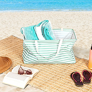 Household Essentials Canvas Utility Tote with Handles, Rectangular Krush Tote, Water-Resistant Vinyl Lining, Large Capacity, Durable and Versatile, Teal Striped Pattern