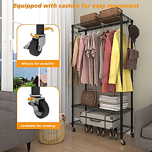 Serxis Rolling Portable Garment Rack,Freestanding Clothes Racks, Portable Closet Wardrobe with 3 Adjustable Wire shelves,2 Side Hooks, Black