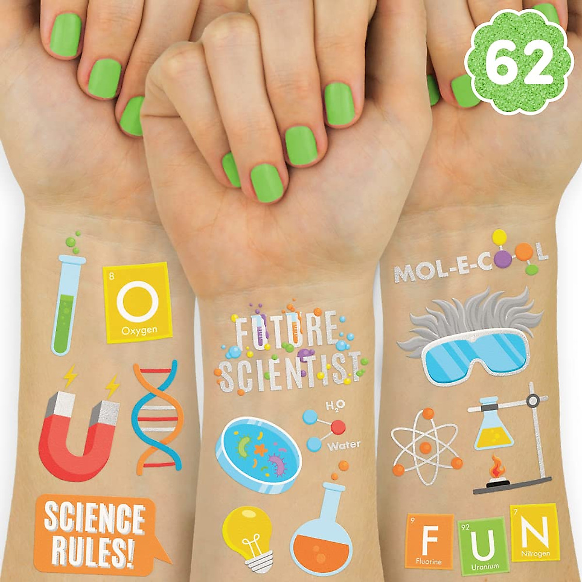 xo, Fetti Science Party Temporary Tattoos - 62 Silver Foil Styles | Future Mad Scientist Birthday Party Supplies, Educational Science Favors, Scientific Arts and Crafts