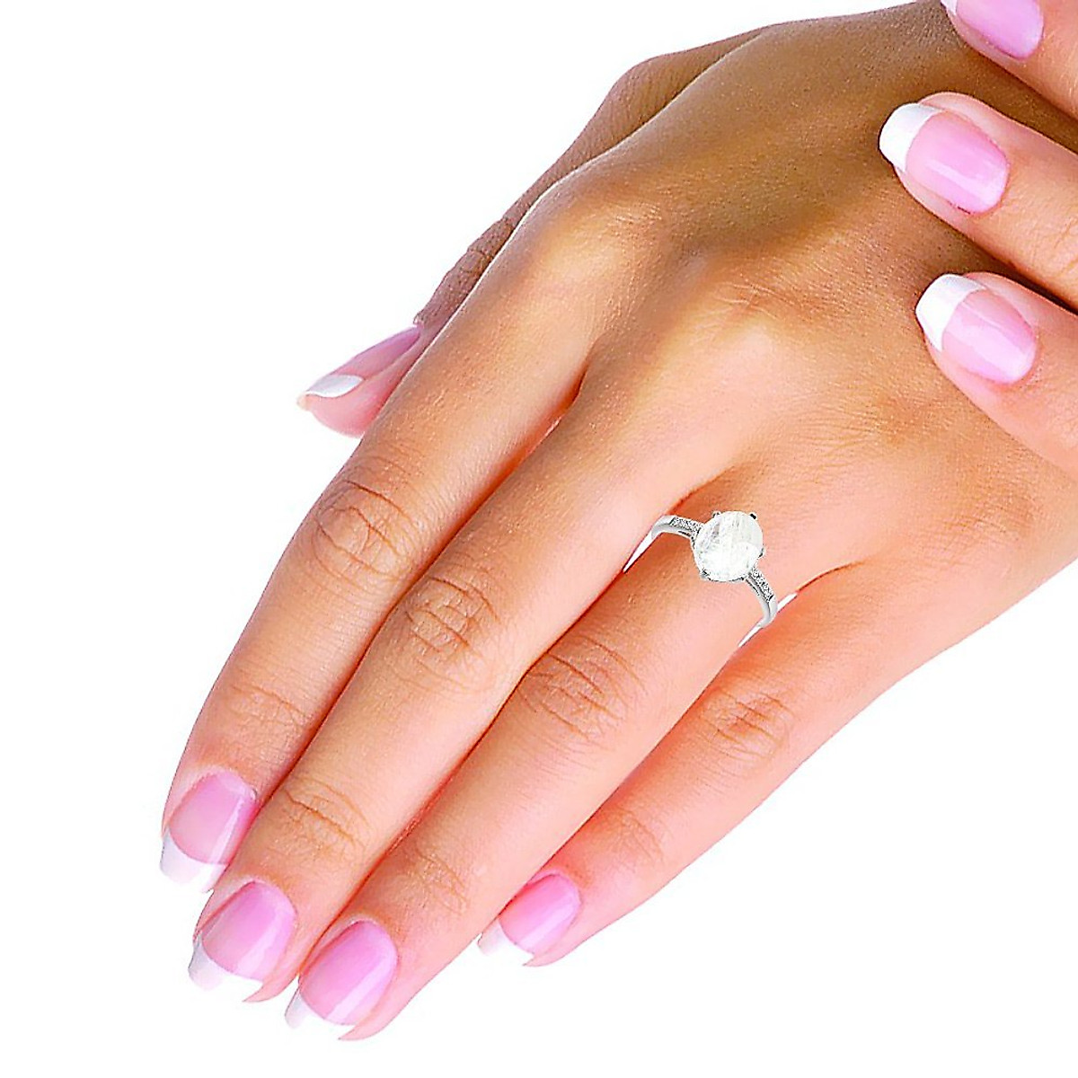 Sabrina Silver 14K White Gold Natural Rainbow Moonstone & Diamond Ring Oval 10x8 mm, size 5.5