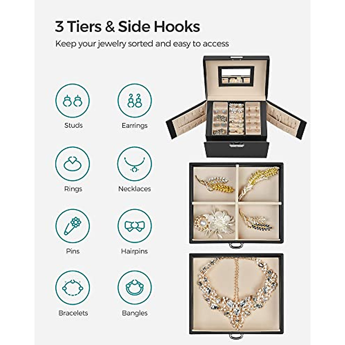 SONGMICS 3-Tier Jewelry Box, Travel Jewelry Case with Handle, 2 Drawers, Lockable Jewelry Organizer with Mirror, Jewelry Storage, Modern Style, Gift for Loved Ones, Black UJBC154B01