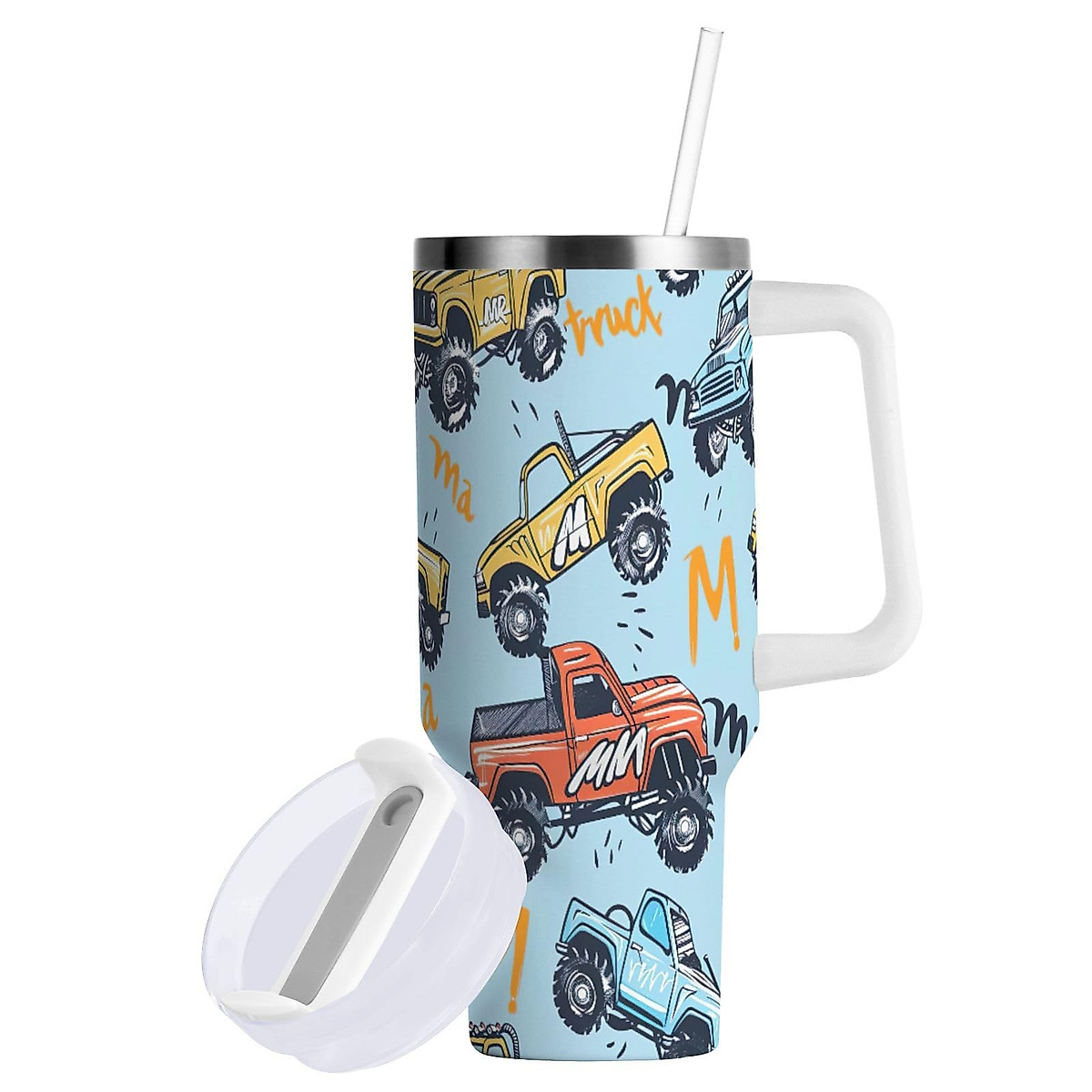 ODAWA Colorful Monster Trucks Travel Mug with Handle Tumbler Cup Reusable Stainless Steel Water Bottle