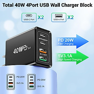 2 Pack USB C Charger Block 40W 4Port Fast Charging Brick Dual USB C Wall Charger Plug Phone Charger Cube Compatible with iPhone Pro 15 14 13 12 11 Pro Max, iPad, Samsung Galaxy, Google,Tablet