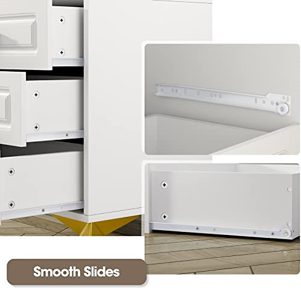 Giluta 3 Drawers Nightstand, Modern Bedside Table with Solid Metal Legs & Handles, White Gold Wood Chest of Drawers, Sofa End Side Table for Bedroom Living Room Hallway, 15.75" D x 19.7" W x 24" H