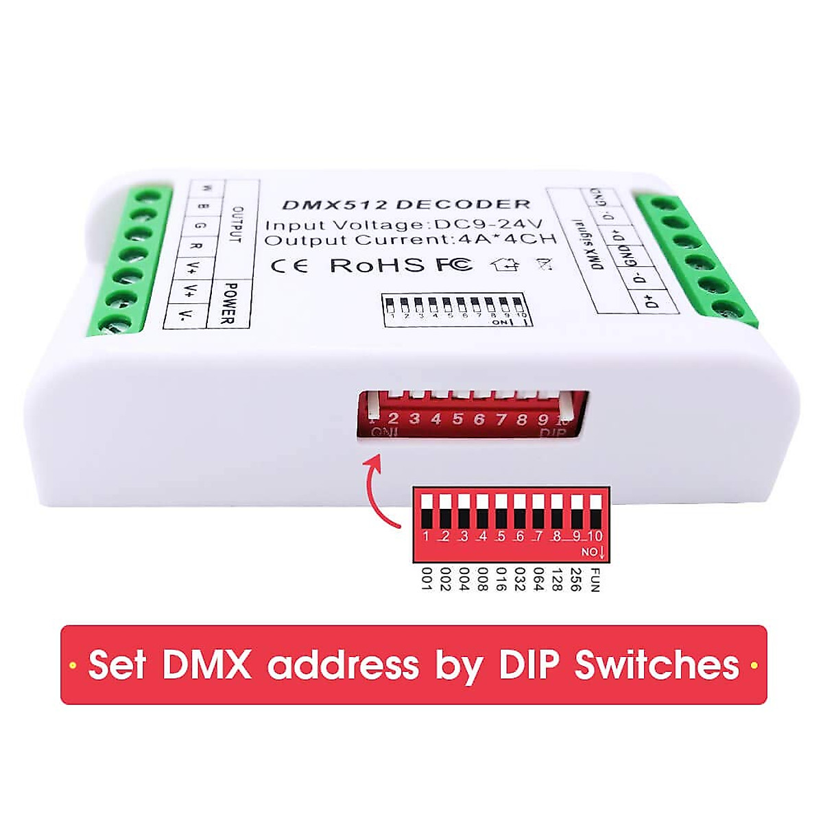 GIDERWEL Mini 4 Channel DMX Decoder,RGBW DMX Decoder,16A RGB RGBW LED Strip Controller DMX 512 Decoder for LED Strip Module Dimmer Driver LED Decoder Controller DC9-24V