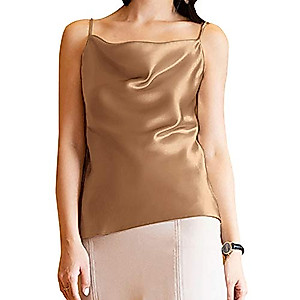 Miqieer Basic Women's Silk Tank Top Ladies V-Neck Camisole Silky Loose Sleeveless Blouse Satin Tank Shirt(Cowl Neck-Khaki,M)