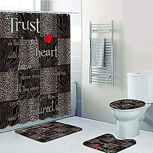 GUDAGUU 4 Pcs Leopard Print Bathroom Shower Sets Includes Brown Shower Curtain Bath Rug U Shape Mat Toilet Seat Cover and Hooks, 71 inch Size Long Bathroom Accessories Decor