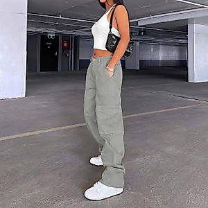 Womens Fall Fashion 2023 High Waisted Cargo Pants Wide Leg Teen Girls Pants Combat Military Trouser Silver Gray