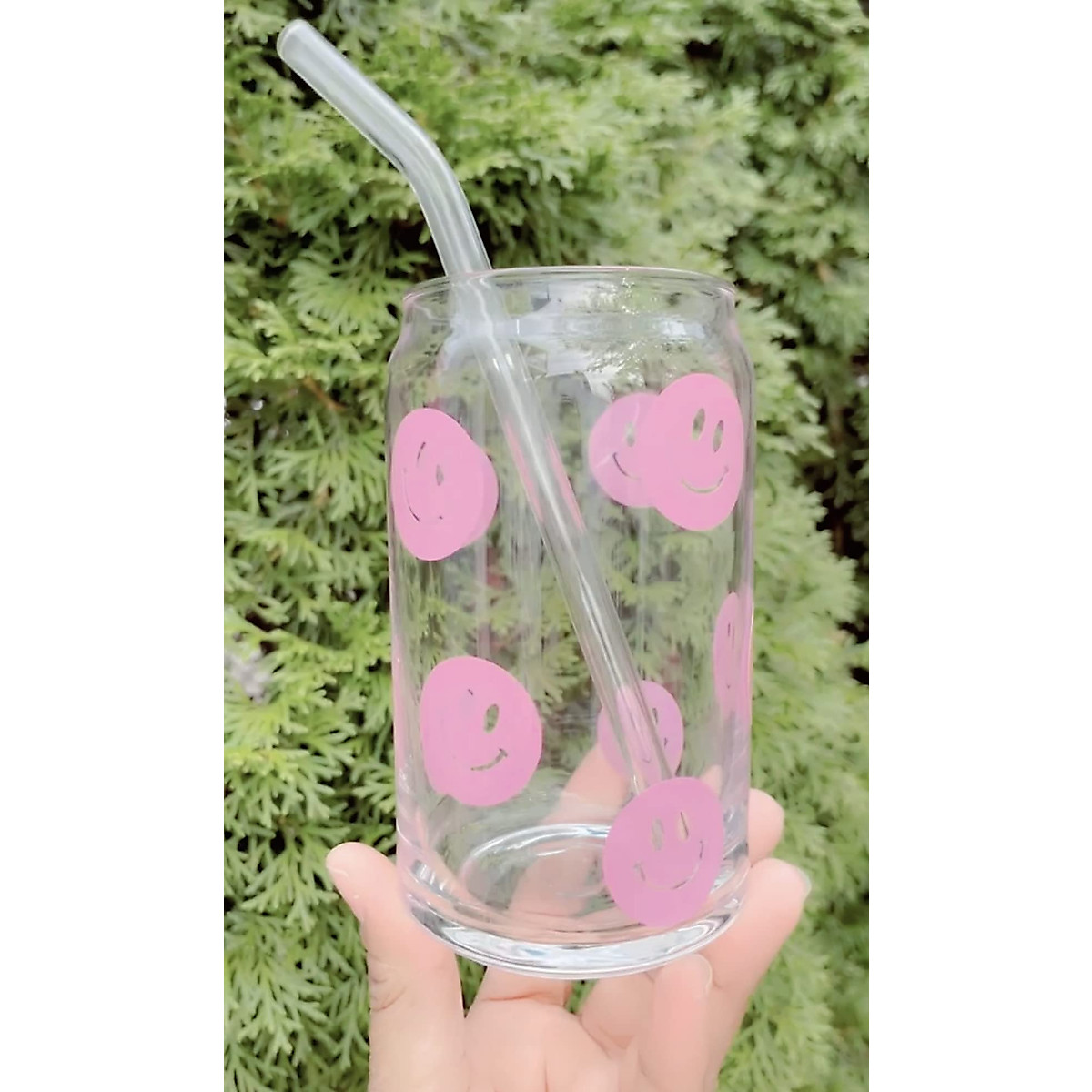 Iced Coffee Glass Cup with Bamboo Lid and Straw | 16oz Beer Can Glass | beer glass Cup | Can Shaped Glass Soda Can Cup | Pink Smiley face Glass Cup, Beer Glass Can, Glass Coffee Cup