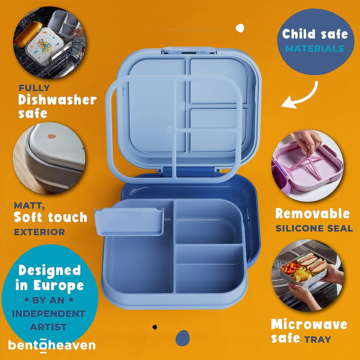 Bentoheaven Premium Bento Lunch Box for Kids, 9 Designs, Leak-proof 3-4 Compartments, Divider, Ideal size 30oz, Microwave/Dishwasher Safe Kids Bento Box (Loncheras Para Niños/Niñas)[Ice Blue]