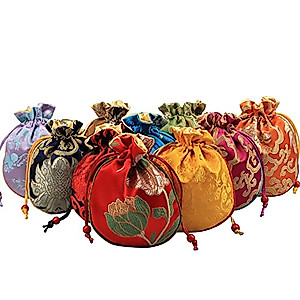 Cotton Filled Drawstring Small Bags for Jewelry Gift Pouch Packaging Chinese Silk Brocade Jewelry Pouch Thicken Luxury Jewellery Storage Bag (10, Mixed Color)