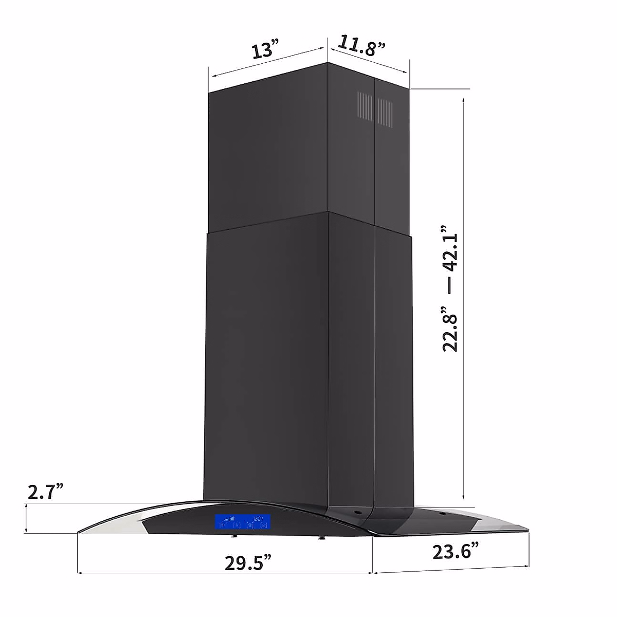 JOEAONZ 30 Inch Island Range Hood Black 700CFM Stainless Steel Convertible, Ceiling Mount Vent Hood with Tempered Glass, Kitchen Exhaust Fan, LED lights, LCD Touch Panel, Permanent Grease Filters