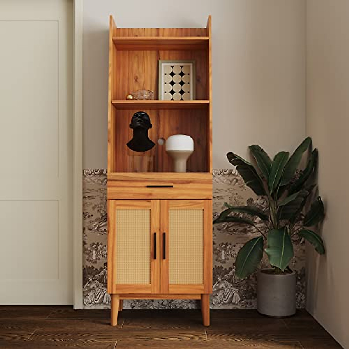 Rattan Door Bookshelf Display Case with Drawer Walnut Finish Open Shelves Narrow Wooden Bookcase Rustic Natural Wicker Decor Storage Cabinet for Living Room Home Office,67.72”W x 26.77” D x5.51”H