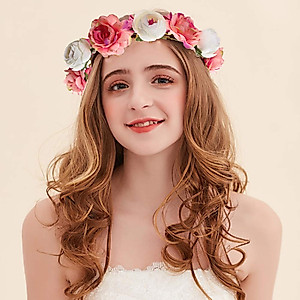 Flower Crown Headband Rose Wreath Garland Hair Bands Floral Wedding Bridal Hair Hoop Women Ladies Leaf Ribbon Party Decoration Headdress Headwear Christmas Handmade Headpiece Hair Accessories Hot Pink