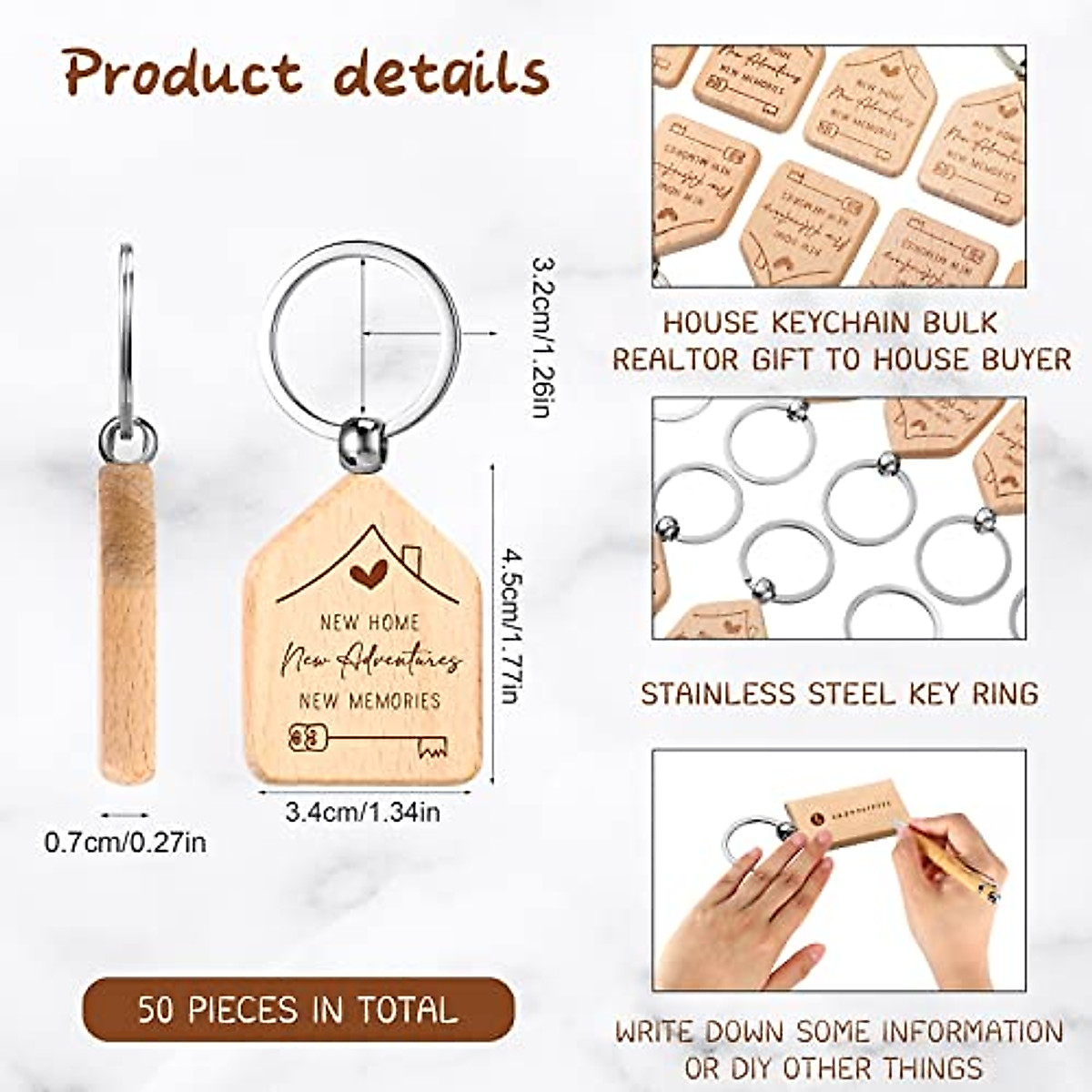 50 Pcs New Home Keychain 2023 Bulk Welcome Home Keychain Gifts New Homeowner Engraved Wooden Key Tag Small House Shaped Keychains for Family Client Home Buyer Customer