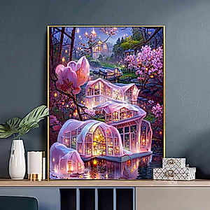 1tonine DIY Diamond Painting Kits for Adults - Flower Pink House Dream Scenery (Canvas) Full Round Drill Diamond Art Kits for Beginnners - Valentines Day Gifts Wall Room Decor (12x16inch/30×40cm)