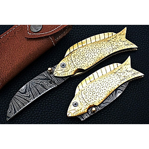 Smart & Sharp Custom Handmade Damascus Steel Fish Knife/Folding Knife/Pocket Knife SS-17370(Brass Engraved Handle) (brass)