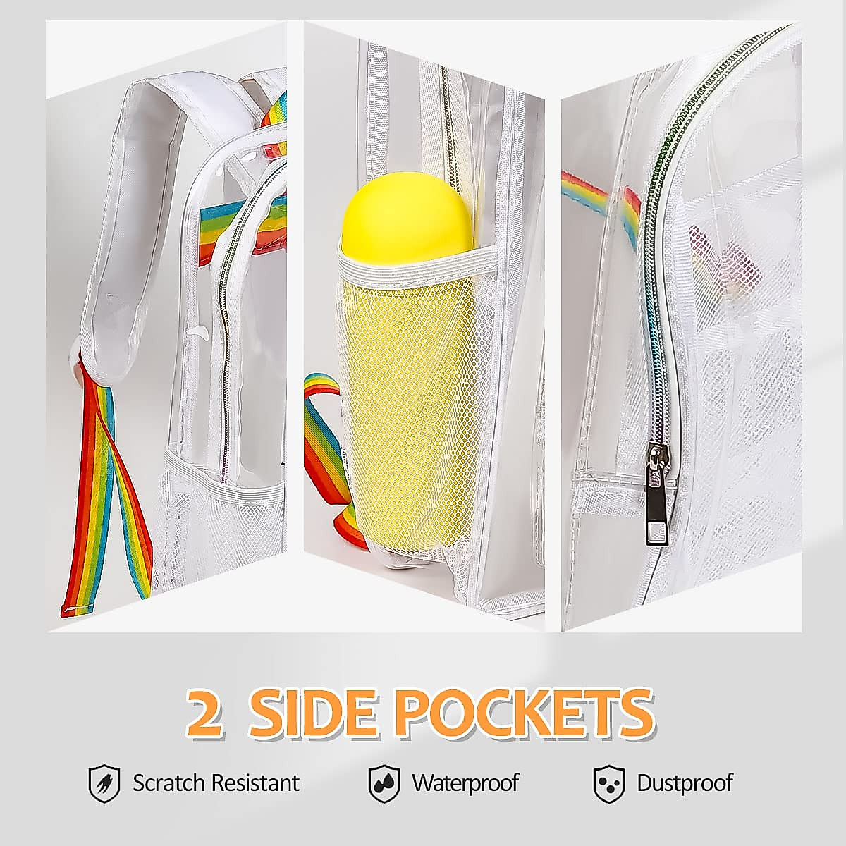 2 Pieces Heavy Duty Clear Backpack(Rainbow/White), PVC Waterproof Transparent Bag With Cosmetic Bag, See Through Book Bag With Lunch Bag, Stadium Approved, For School, Work, Women, Men, Boy, Girl