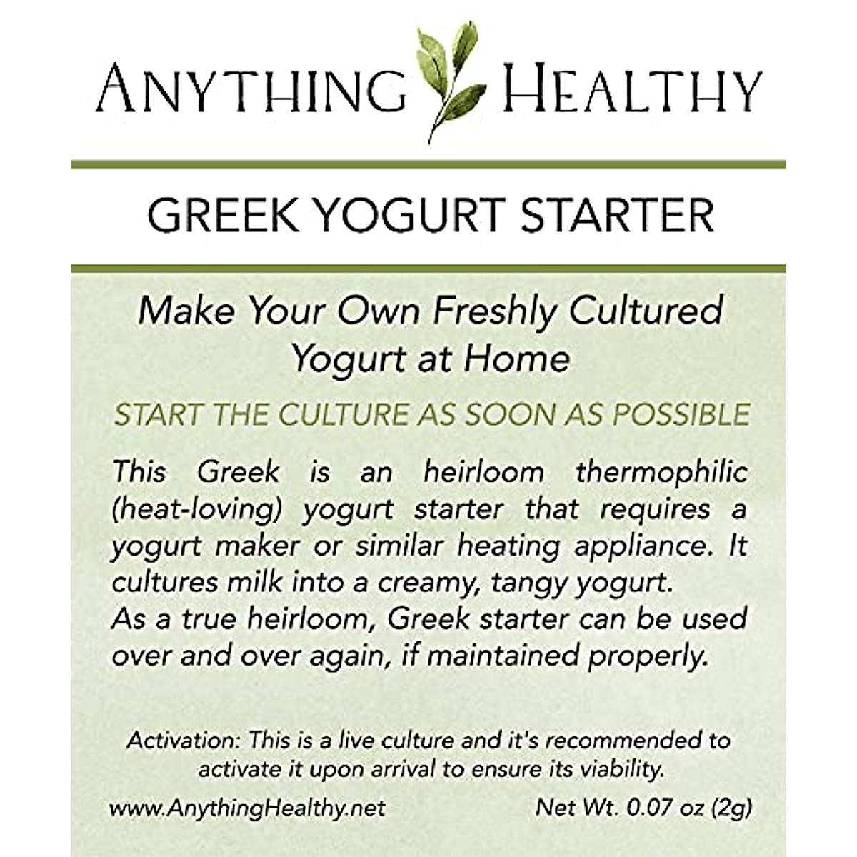 Anything Healthy, LLC Traditional Greek Yogurt Starter Heirloom Thermophilic Culture - Best Customer Service, Contact for any Questions