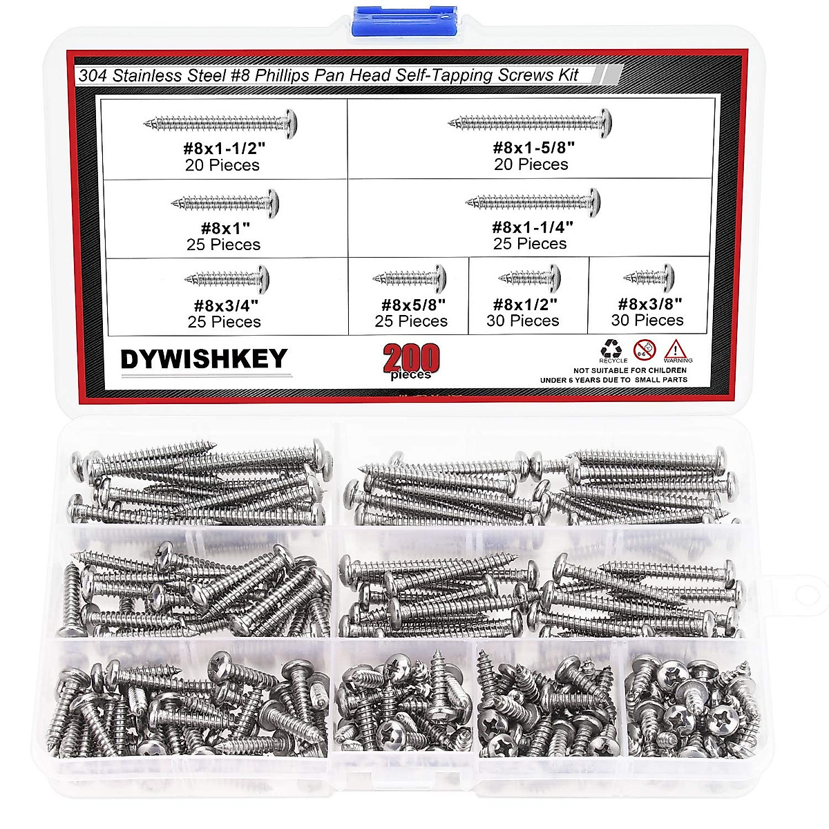DYWISHKEY 200 Pieces #8 x 3/8", 1/2", 5/8", 3/4", 1", 1-1/4", 1-1/2", 1-5/8" Stainless Steel 304 Phillips Pan Head Self-Tapping Screws, Wood Screws Assortment Kit