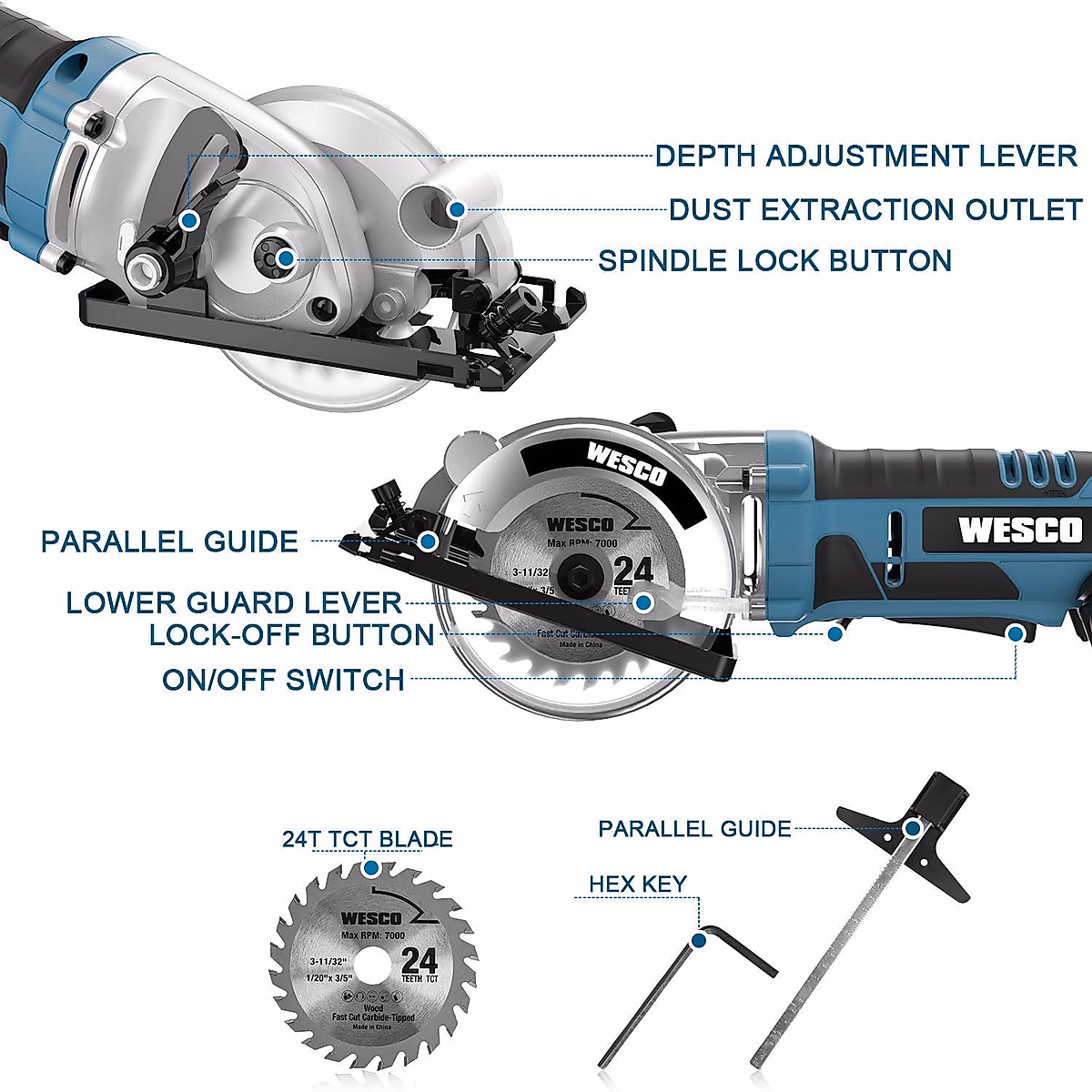 Circular Saw, WESCO 20V 3-3/8 Inch Cordless Mini Circular Saw with 2.0Ah Battery and Fast Charger, MAX Cutting Depth 1-1/8 Inch, Parallel Guide and Hex Key, 24T TCT blade for Wood, Soft Metal Cuts