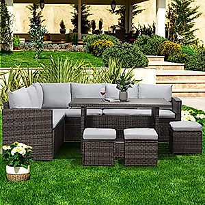 Wumiokio Patio Furniture Set, 7 Pieces Outdoor Patio Furniture with Dining Table&Chair, All Weather Wicker Conversation Set with Ottoman,Grey…