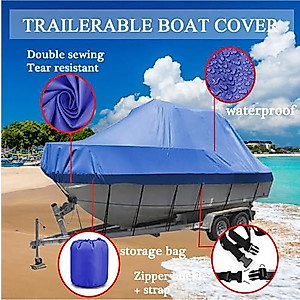 Trailer Boat Cover, Heavy Duty Boat Cover Waterproof UV Resistan for V&Tri-Hull Runabout Fishing Boat, with Adjustable Side Straps Boat Cover,600d,14~16FT：510 * 250CM