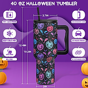 40 oz Halloween Tumbler with Handle, Wicked Pumpkin & Bat Tumblers with Lid and Straw, Double Walled Vacuum Coffee Travel Mug, Keep Cold for 30 Hours, Ideal Gift for Women Men (Black)